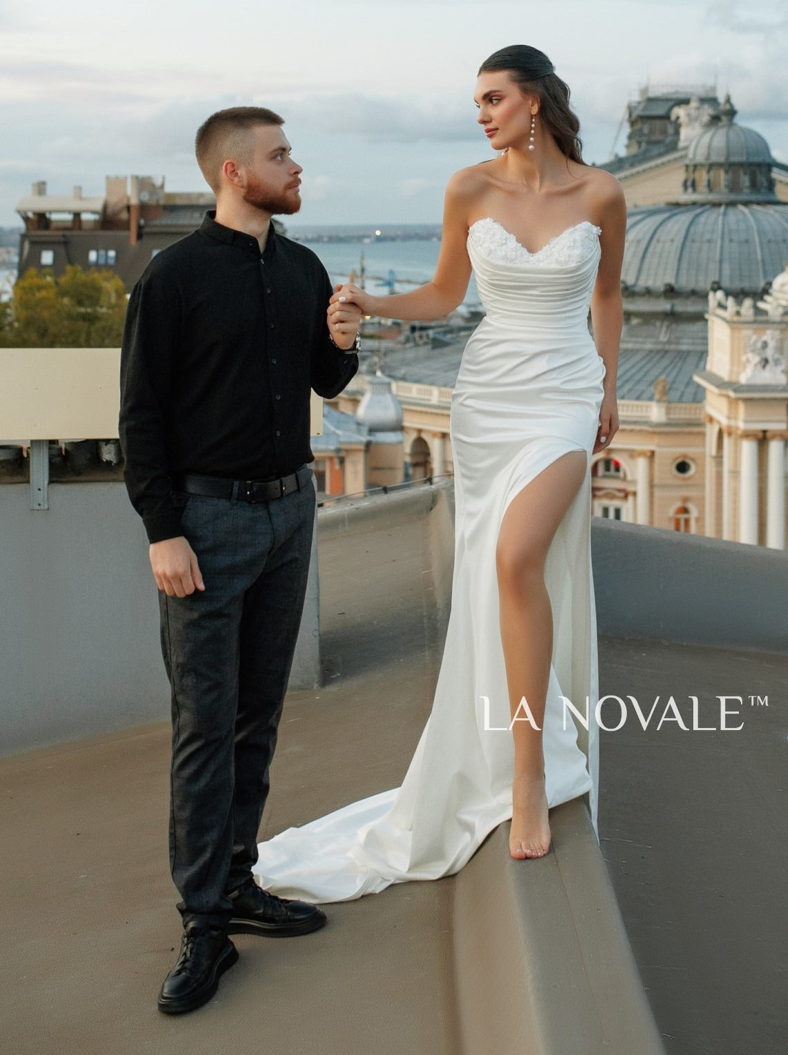 form fitting satin bridal gown with cat eye neck – La Novale Atelier